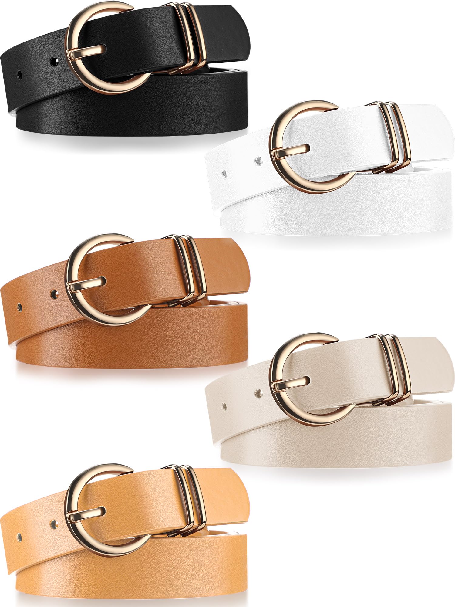 Breathffy 5 Pcs Women Leather Belts for Jeans Pants Dresses Fashion Womens Ladies Belt with Gold Buckle, Small to Plus Size (White+Black+Brown+Khaki+Beige, Size M: Fit Waist Size 31-36 Inches)