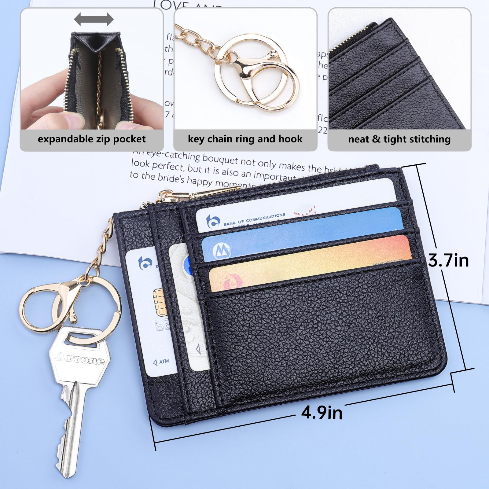 Teskyer Slim Wallet for Women, RFID Blocking Credit Card Holder Wallet with Zipper Pocket and Easy to Attach Keychain - Lichee Black