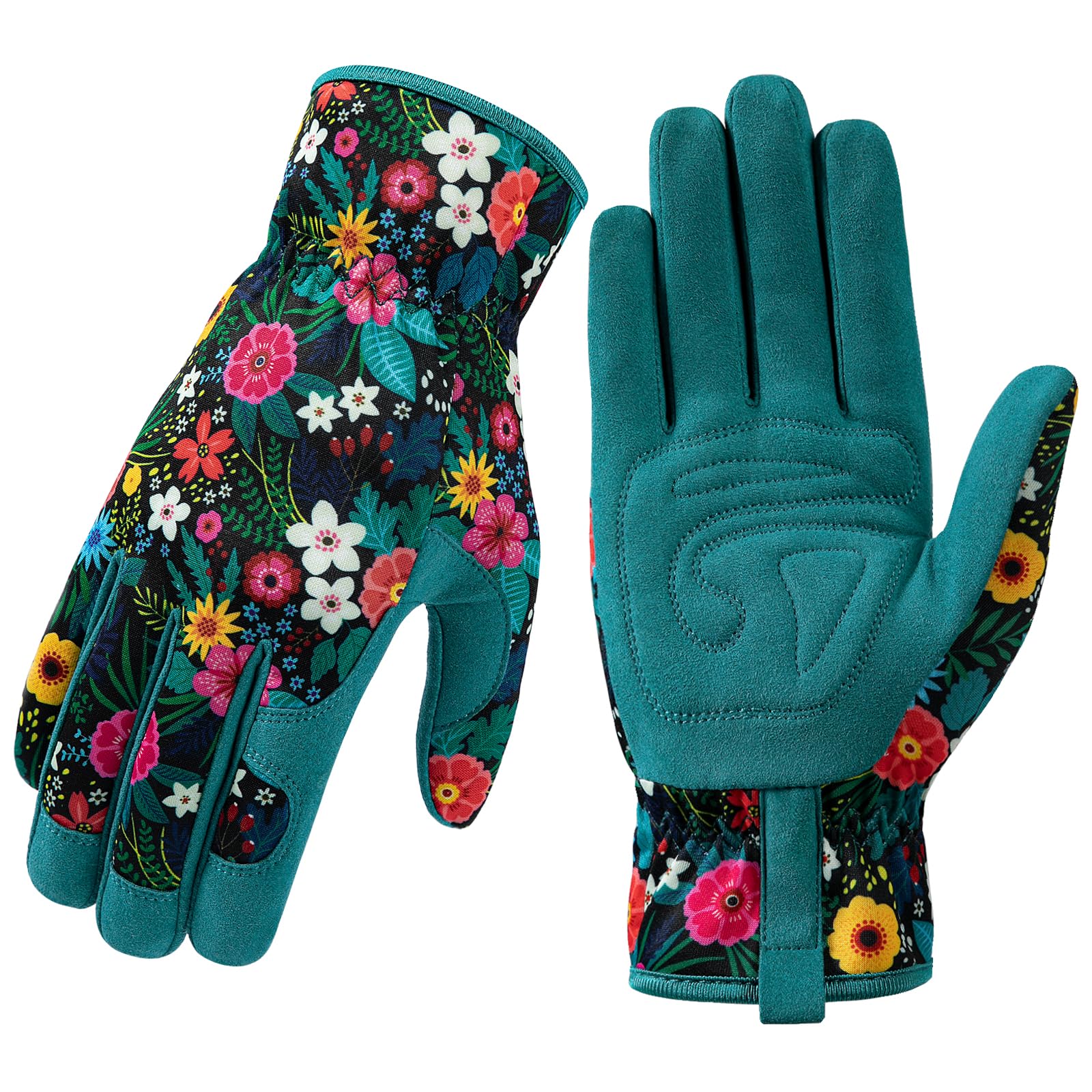 Trifabricy Garden Gloves for Women - Breathable leather Floral Gardening Gloves with Grip, Thorn-Proof Puncture-Resistant Work Gloves for Weeding, Digging, Planting, Raking and Pruning, Green Flower