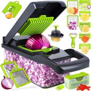 16-in-1 vegetable chopper, 8 blades veggie chopper, practical onion chopper with container, cheese slicer, food chopper, salad chopper, mandoline slicer & cheese grater for kitchen(grey)