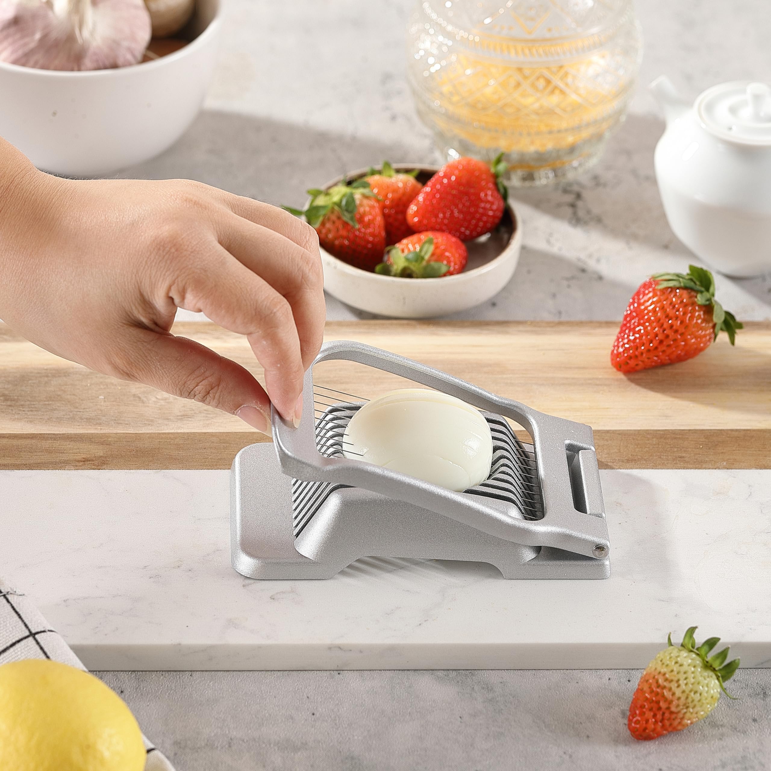 Egg Slicer for Hard Boiled Eggs, LCCOWOT Heavy Duty Strawberry Slicer Cutter, Stainless Steel Wire Cup Slicer with Aluminium Body, Perfect for Eggs, Fruit, Spam, Mushroom and More