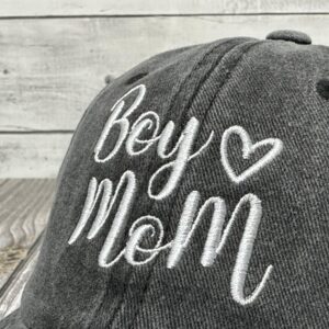 Shenbors Embroidered Boy's Mom Hat for Women, Washed Black Baseball Cap, Gift for Mama Mother, Embroidery Adjustable Snapback Trucker Hat