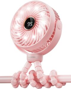 shewind stroller fan, led light portable fan, 3600mah battery operated small clip on fan, 4 speed rechargeable mini personal fan cooling travel fan for car seat crib treadmill (pink)