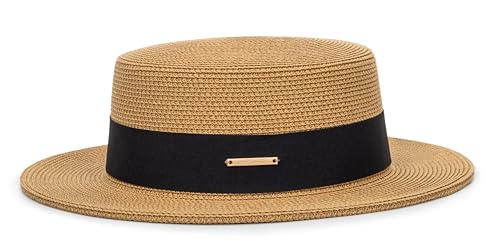 Straw Beach Sun Hat Pork-Pie Boater-Hat for Women Men - Summer Wide Brim Uv-Rays Panama Hat Khaki