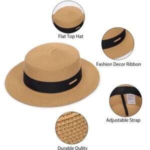 Straw Beach Sun Hat Pork-Pie Boater-Hat for Women Men - Summer Wide Brim Uv-Rays Panama Hat Khaki