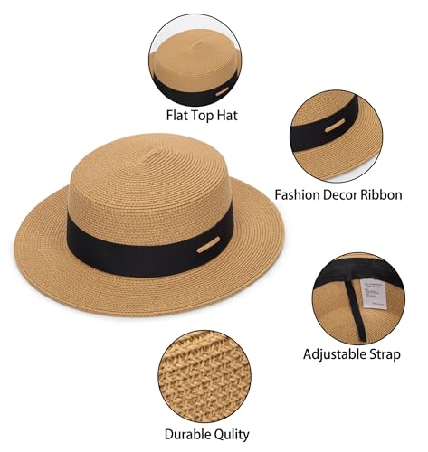 Straw Beach Sun Hat Pork-Pie Boater-Hat for Women Men - Summer Wide Brim Uv-Rays Panama Hat Khaki