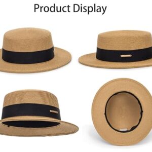 Straw Beach Sun Hat Pork-Pie Boater-Hat for Women Men - Summer Wide Brim Uv-Rays Panama Hat Khaki