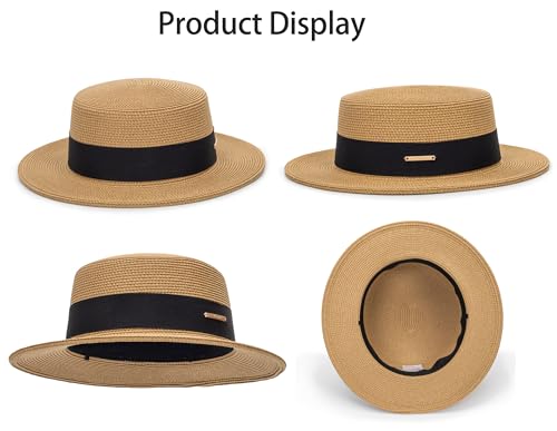 Straw Beach Sun Hat Pork-Pie Boater-Hat for Women Men - Summer Wide Brim Uv-Rays Panama Hat Khaki