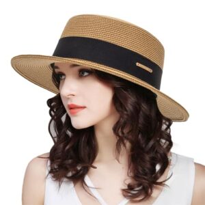 Straw Beach Sun Hat Pork-Pie Boater-Hat for Women Men - Summer Wide Brim Uv-Rays Panama Hat Khaki