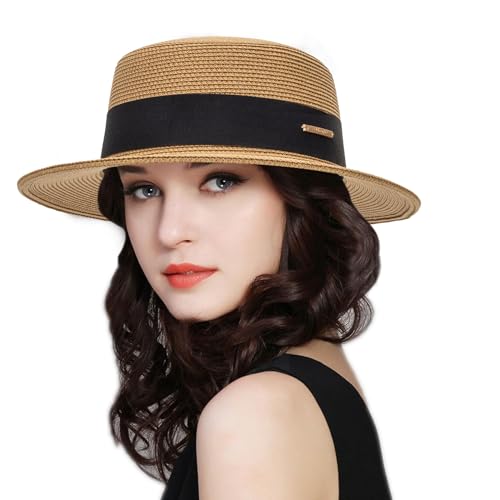 Straw Beach Sun Hat Pork-Pie Boater-Hat for Women Men - Summer Wide Brim Uv-Rays Panama Hat Khaki