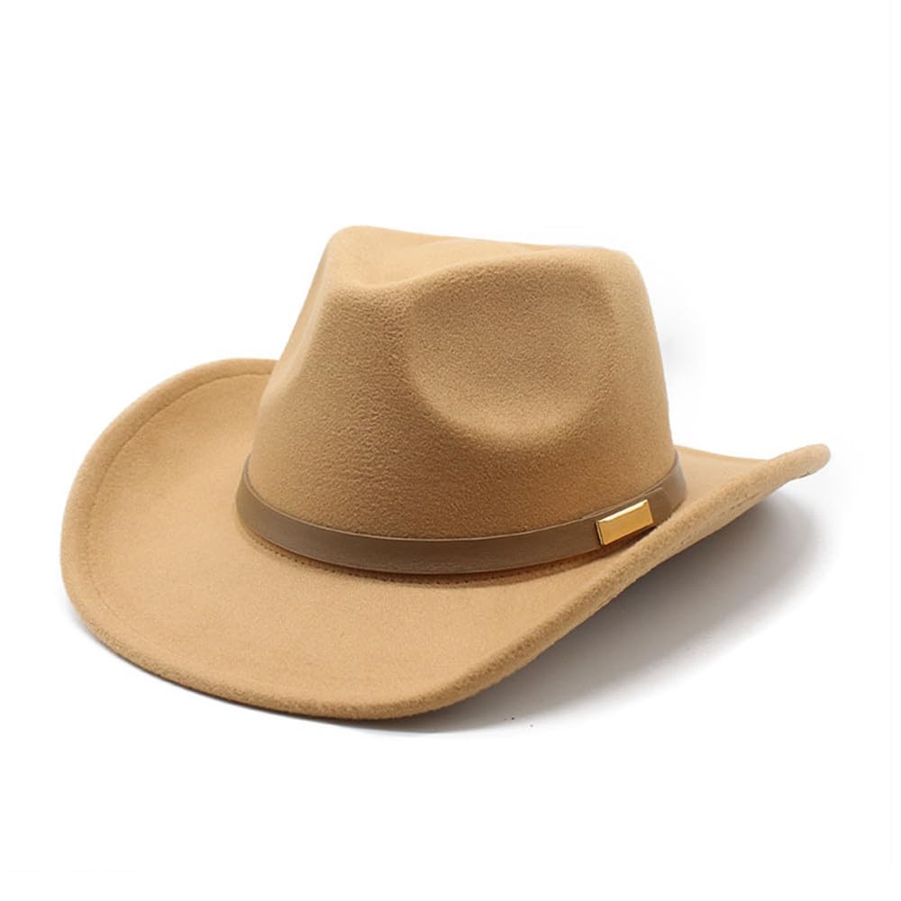 LIDHAY Women Men Classic Felt Wide Brim Western Cowboy Cowgirl Hat with Belt Buckle JZ-035 Camel