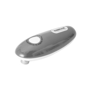 farberware compact battery operated hands-free automatic can opener for any size can with magnet to safely remove lid, seamless opening decreases sharp edges for easily and safely opening cans, gray