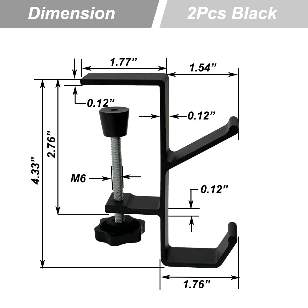 2Pcs Clamp-On Under Desk Headphone Holder Backpack Hook Students' Desk Hook with Adjustable Arm Clamp Women's Bag Handbag and Purse Holder - Suitable for Plate Between 1-5cm / 0.4-1.96” - Black