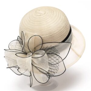 organza fascinator tea-party derby-hats for women - flower wide brim church sunday sun hat (us, alpha, medium, beige)