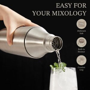 Kitessensu Hybrid Cocktail Shaker | Vacuum Insulated Stainless Steel Martini Shaker with Double Wall Martini Cup | Integrated Measuring System | Tumbler Lid & Cocktail Recipes Included | Silver