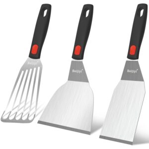 beijiyi stainless steel spatula set, heavy duty small metal spatula for cooking cast iron skillet with silicone handle - griddle grill kitchen spatula flipper for pancake, fish, smash burger and egg