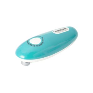 farberware compact battery operated hands-free automatic can opener for any size can with magnet to safely remove lid, seamless opening decreases sharp edges for easily and safely opening cans, aqua