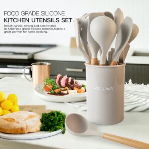 Silicone Kitchen Utensils Set, 46 pcs Cooking Utensils Set-Silicone Spatula Set- Kitchen Gadgets and Tools with Holder-Wooden Handle Silicone Kitchen Utensil with Tongs,Grater (Khaki)