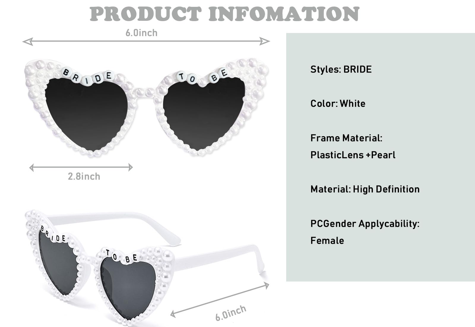 Bachelorette Party Bride Sunglasses, Heart Shaped Pearl Glasses for Women Kids Bridesmaid Bride to Be Party Gift Supplies