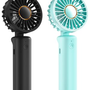 Hssio Portable Handheld Fan, Mini Desk Fan Foldable 2000mAh, 180° Ratotion, 3 Speeds, Ultra Quite, Up to 8H Long Use Time, Small Personal Cooling Fans Makeup Eyelash Fan, Black+Light Blue