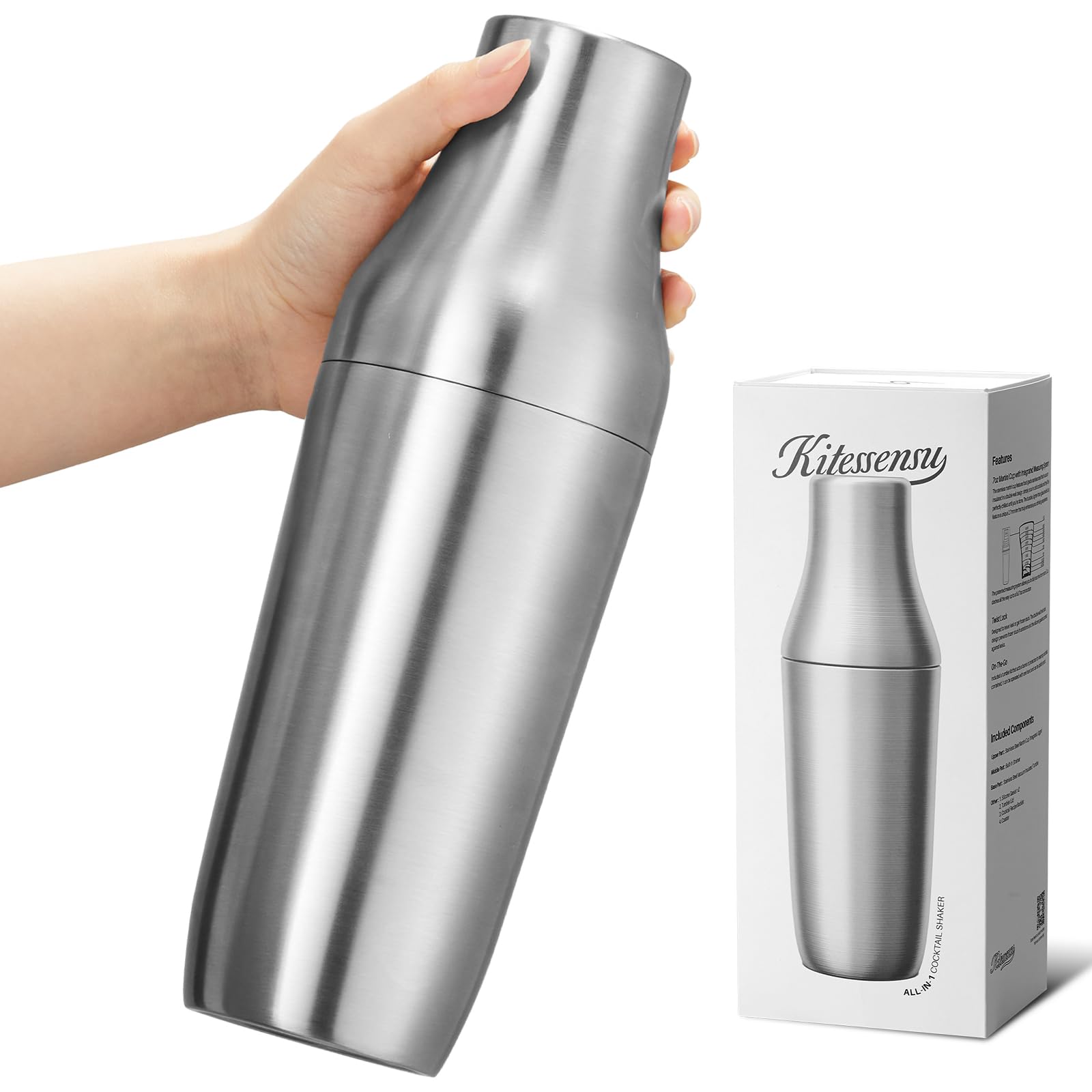 Kitessensu Hybrid Cocktail Shaker | Vacuum Insulated Stainless Steel Martini Shaker with Double Wall Martini Cup | Integrated Measuring System | Tumbler Lid & Cocktail Recipes Included | Silver