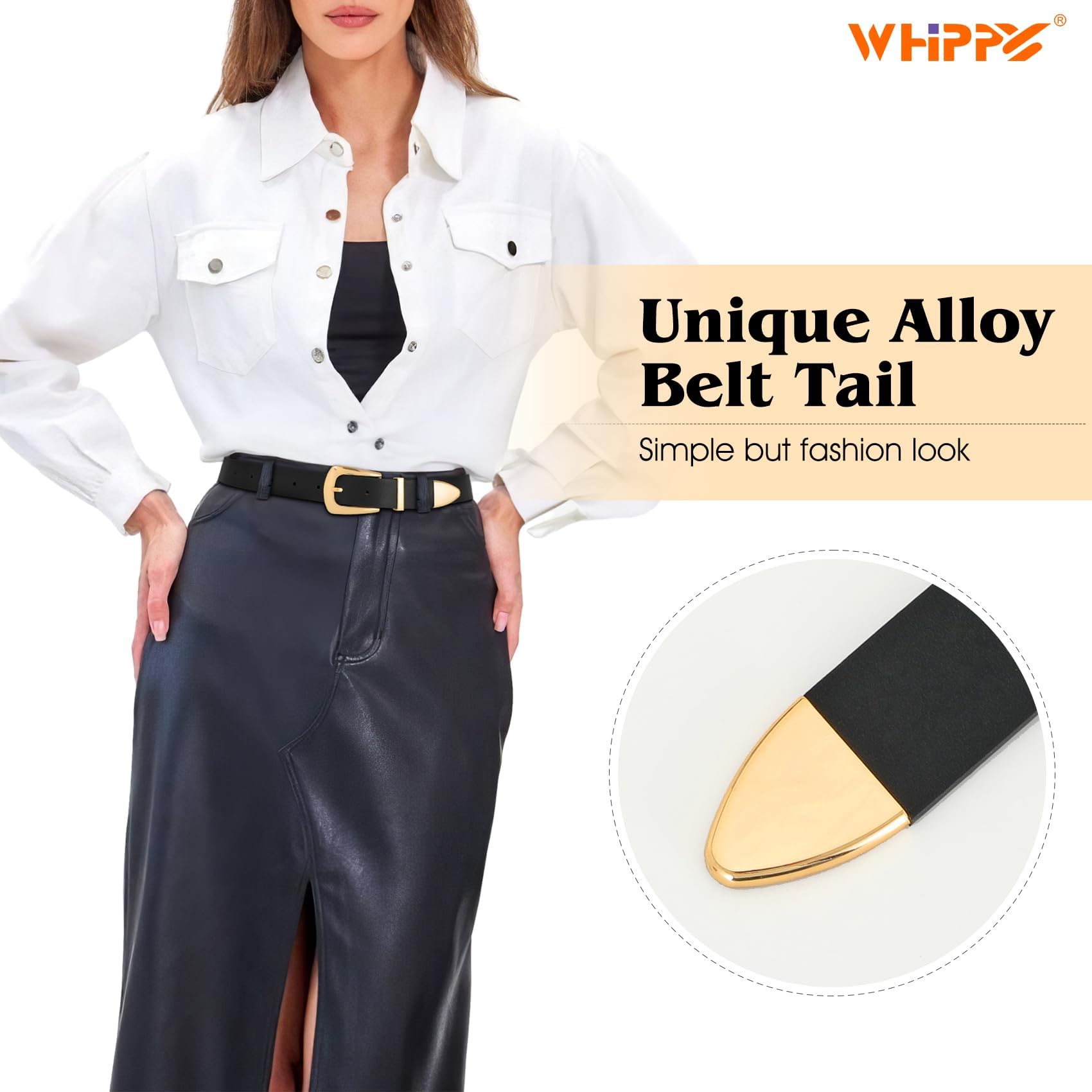 WHIPPY Women Leather Belt for Jeans Pants Dresses Fashion Ladies Western Leather Belt with Solid Gold Buckle S Black