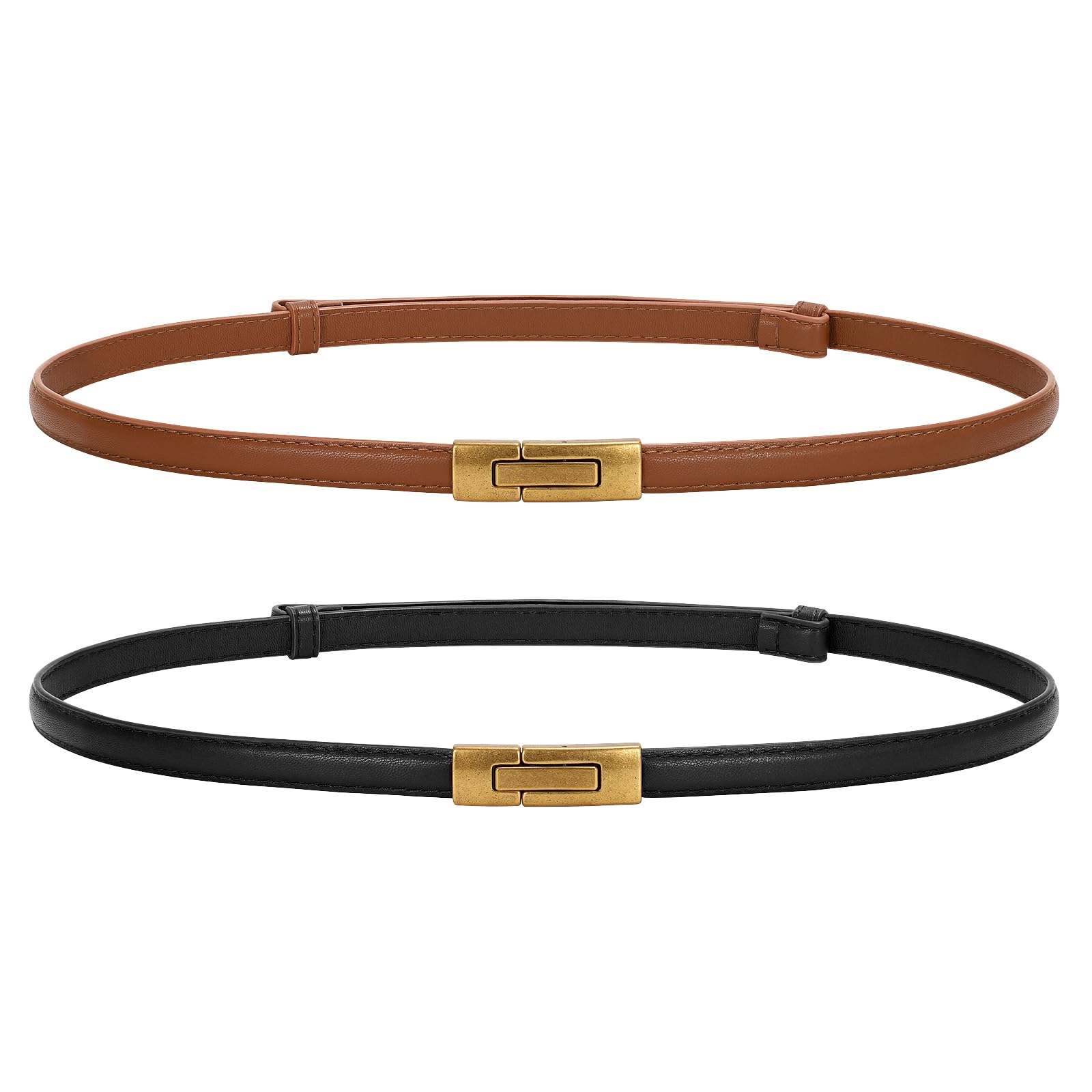 JASGOOD Women Skinny Belts Leather Thin Waist Belts for Dress Ladies Belts with Gold Buckle 2 Pack