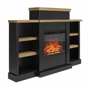 Ameriwood Home Gateswood 64 Inch Electric Fireplace with Mantel, Replaceable Fireplace Insert Heater, Shelves, Remote Control, Timer, Realistic Log and Flame Effect, Black