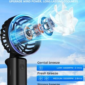 Hssio Portable Handheld Fan, Mini Desk Fan Foldable 2000mAh, 180° Ratotion, 3 Speeds, Ultra Quite, Up to 8H Long Use Time, Small Personal Cooling Fans Makeup Eyelash Fan, Black+Light Blue