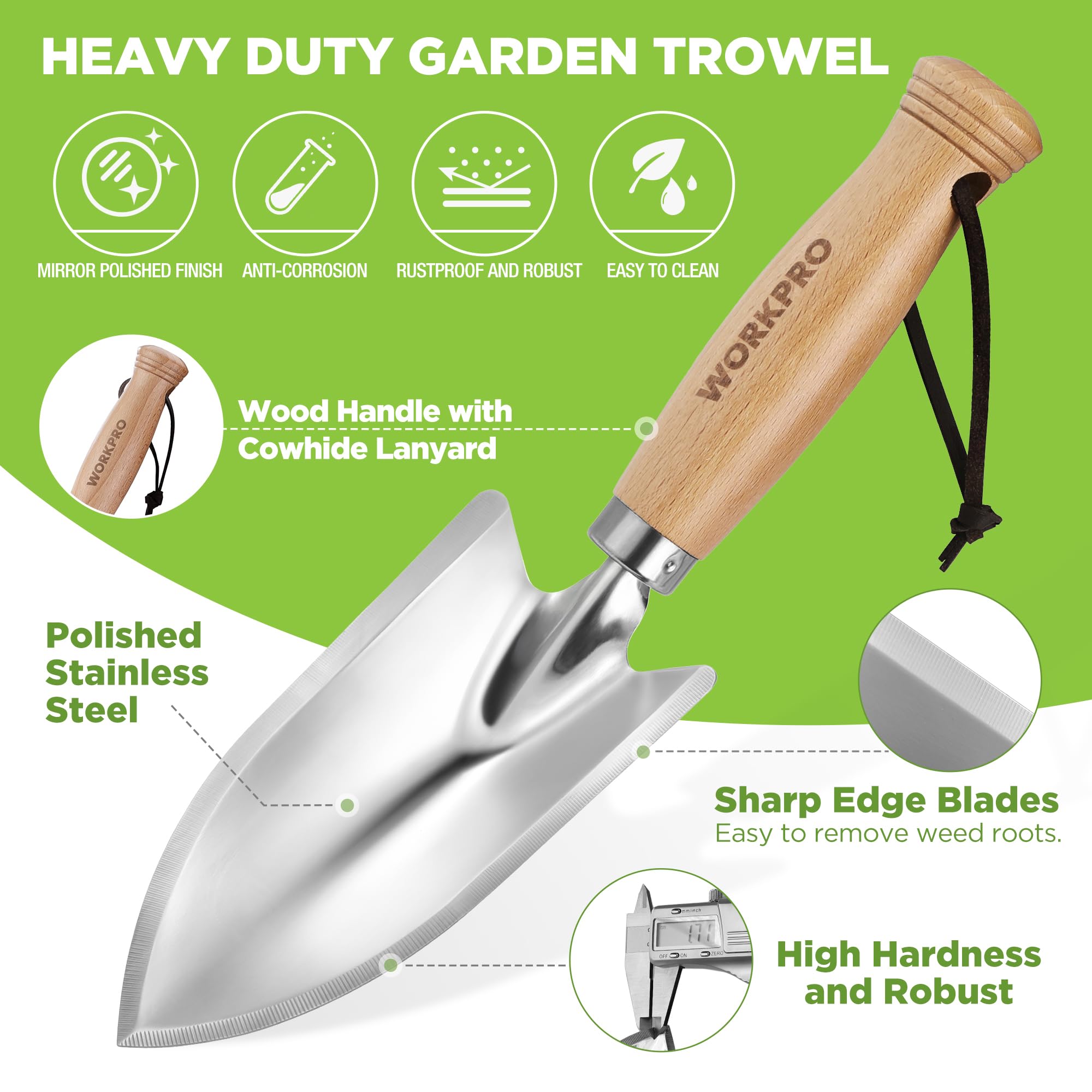 WORKPRO 11" Garden Hand Trowel, Heavy Duty Polished Stainless Steel Garden Shovels with Wood Handle, Small Gardening Hand Tools for Digging, Planting, Measure, Transplanting