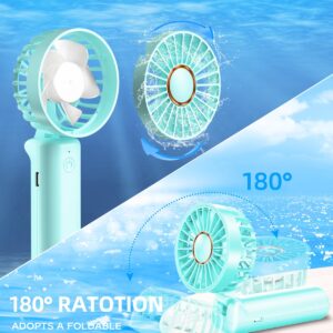 Hssio Portable Handheld Fan, Mini Desk Fan Foldable 2000mAh, 180° Ratotion, 3 Speeds, Ultra Quite, Up to 8H Long Use Time, Small Personal Cooling Fans Makeup Eyelash Fan, Black+Light Blue