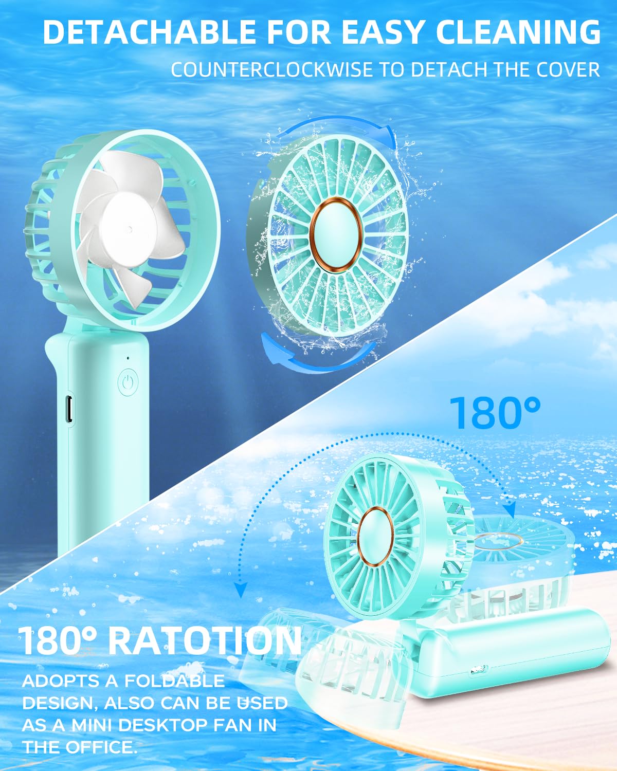 Hssio Portable Handheld Fan, Mini Desk Fan Foldable 2000mAh, 180° Ratotion, 3 Speeds, Ultra Quite, Up to 8H Long Use Time, Small Personal Cooling Fans Makeup Eyelash Fan, Black+Light Blue