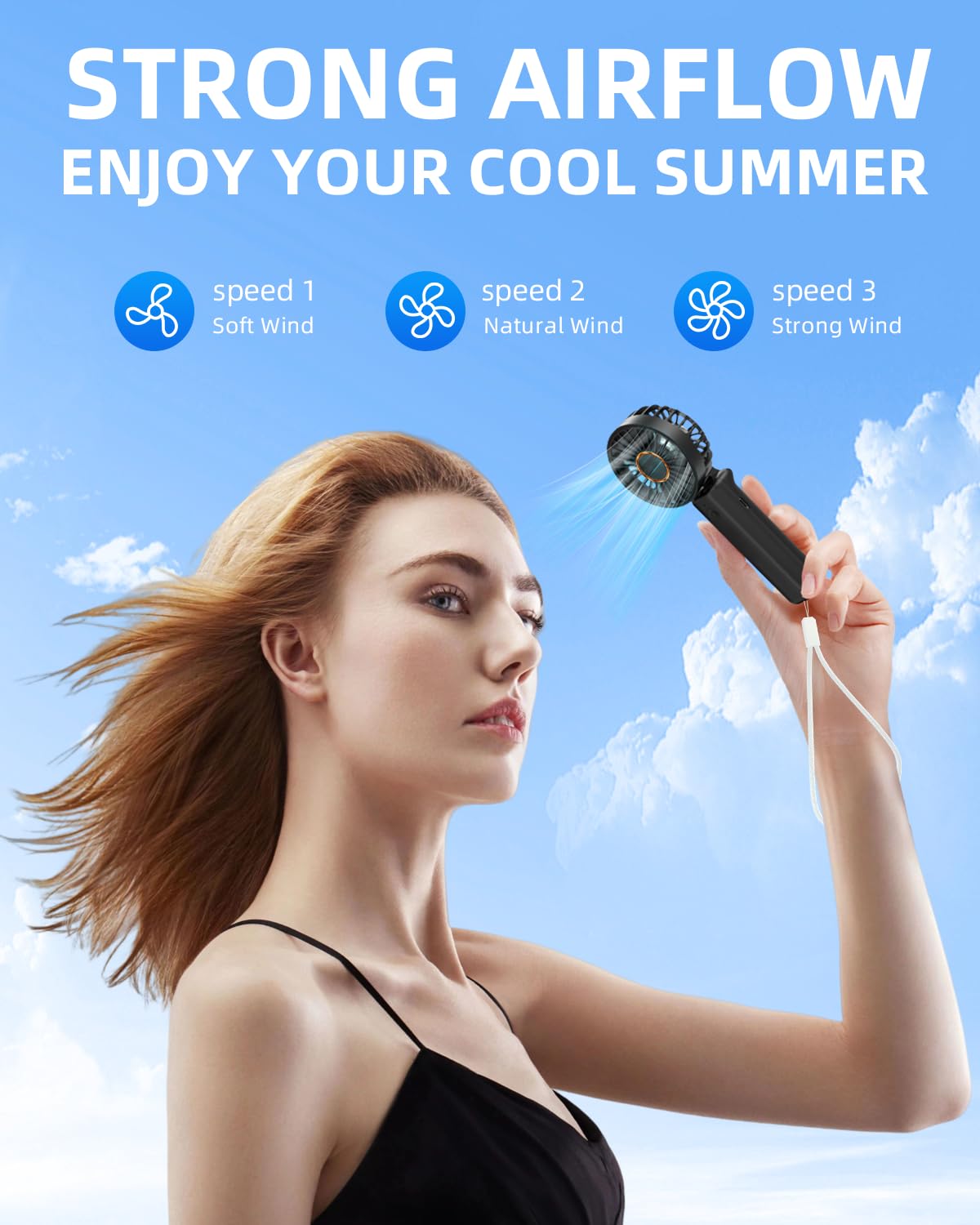 Hssio Portable Handheld Fan, Mini Desk Fan Foldable 2000mAh, 180° Ratotion, 3 Speeds, Ultra Quite, Up to 8H Long Use Time, Small Personal Cooling Fans Makeup Eyelash Fan, Black+Light Blue