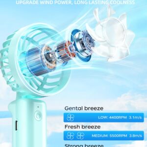 Hssio Portable Handheld Fan, Mini Desk Fan Foldable 2000mAh, 180° Ratotion, 3 Speeds, Ultra Quite, Up to 8H Long Use Time, Small Personal Cooling Fans Makeup Eyelash Fan, Black+Light Blue