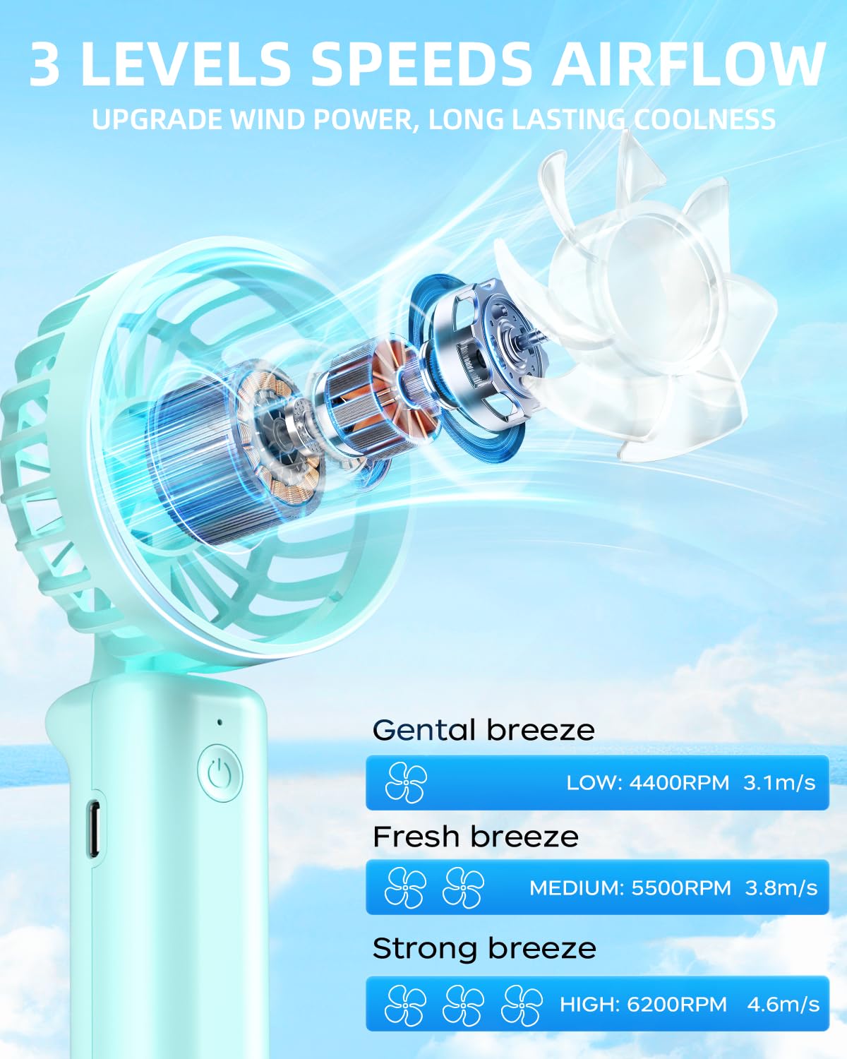 Hssio Portable Handheld Fan, Mini Desk Fan Foldable 2000mAh, 180° Ratotion, 3 Speeds, Ultra Quite, Up to 8H Long Use Time, Small Personal Cooling Fans Makeup Eyelash Fan, Black+Light Blue