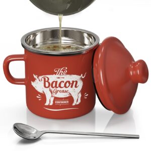 pgyard mini bacon grease container with strainer - 15oz enamel grease saver, farmhouse bacon grease keeper for kitchen fat storage, dishwasher safe-red