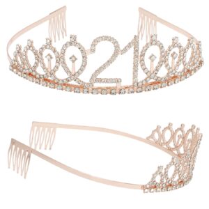 21st Birthday Crowns and Sashes for Women, Birthday Sash Princess Tiara Headband Elegant Rose Gold Crown with Combs for Girls Crystal Tiaras Birthday Headpieces for Party Hair Accessories Gifts