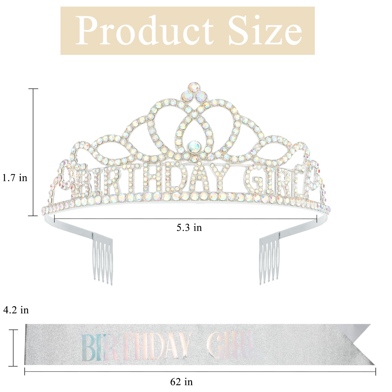 Chanaco Happy Birthday Crown for Women, Birthday Sash and Crown for Girls, Birthday Tiara and Sashes Kit, Rhinestone Crown Hair Accessories “BIRTHDAY GIRL” Sash for Party Favors