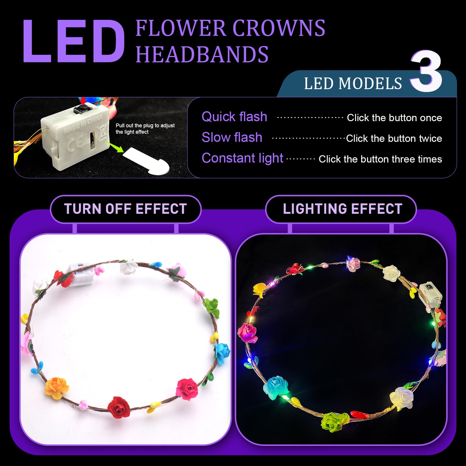 QSJQllo 50 Pcs LED Flower Crowns Headbands,Flower Crowns For Women,Mardi Gras Light Up Headbands Tiara Flower Crown Accessories for Wedding Beach Party Birthday Cosplay Halloween Christmas Day