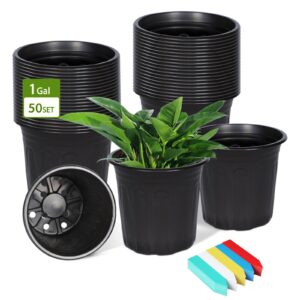 di qiu ren 50-pack 1 gallon flexible plant nursery pots, plastic plant garden pots with drainage holes, plastic flower plant seedling pots with 100pcs plant labels for plants, cuttings, transplanting