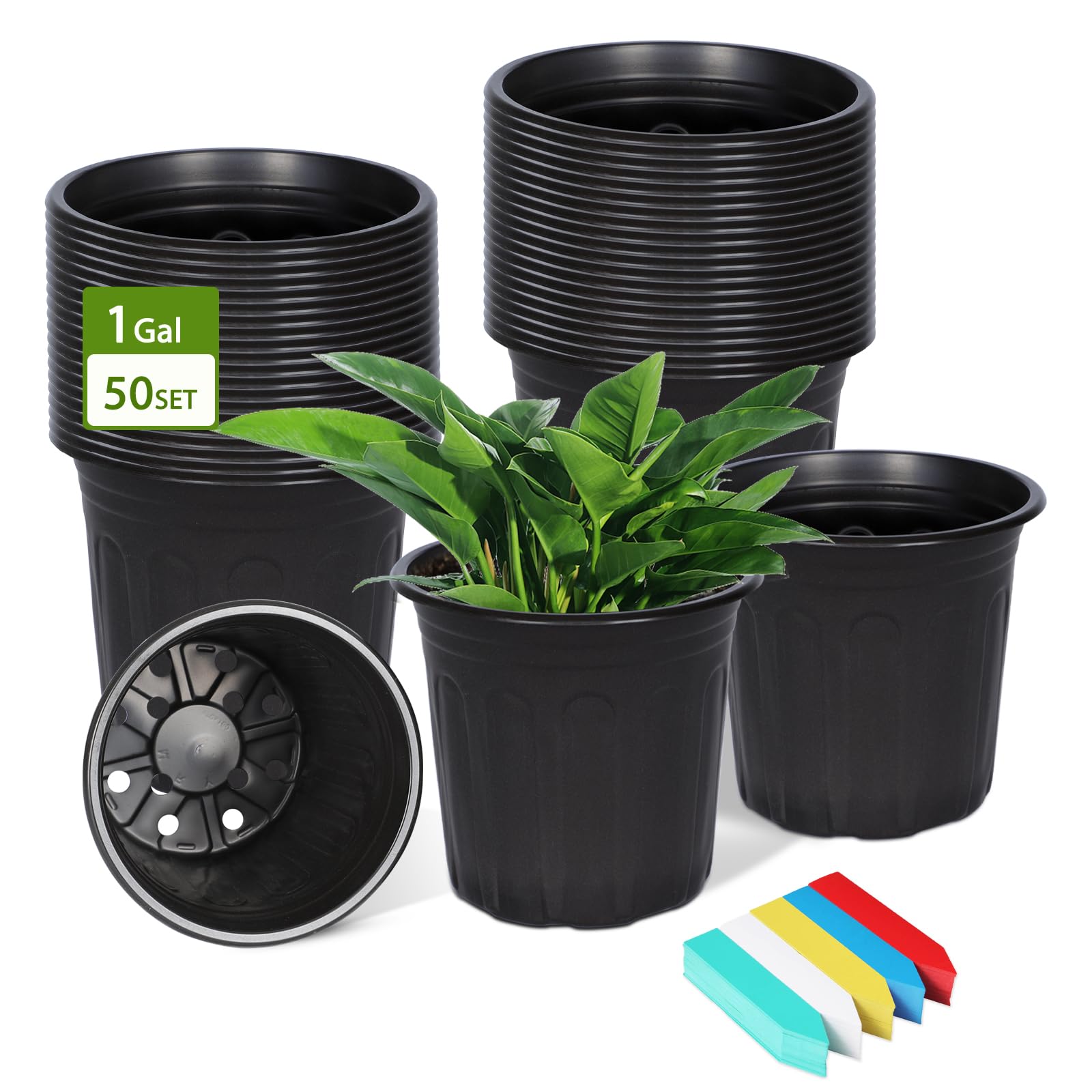 DI QIU REN 50-Pack 1 Gallon Flexible Plant Nursery Pots, Plastic Plant Garden Pots with Drainage Holes, Plastic Flower Plant Seedling Pots with 100Pcs Plant Labels for Plants, Cuttings, Transplanting