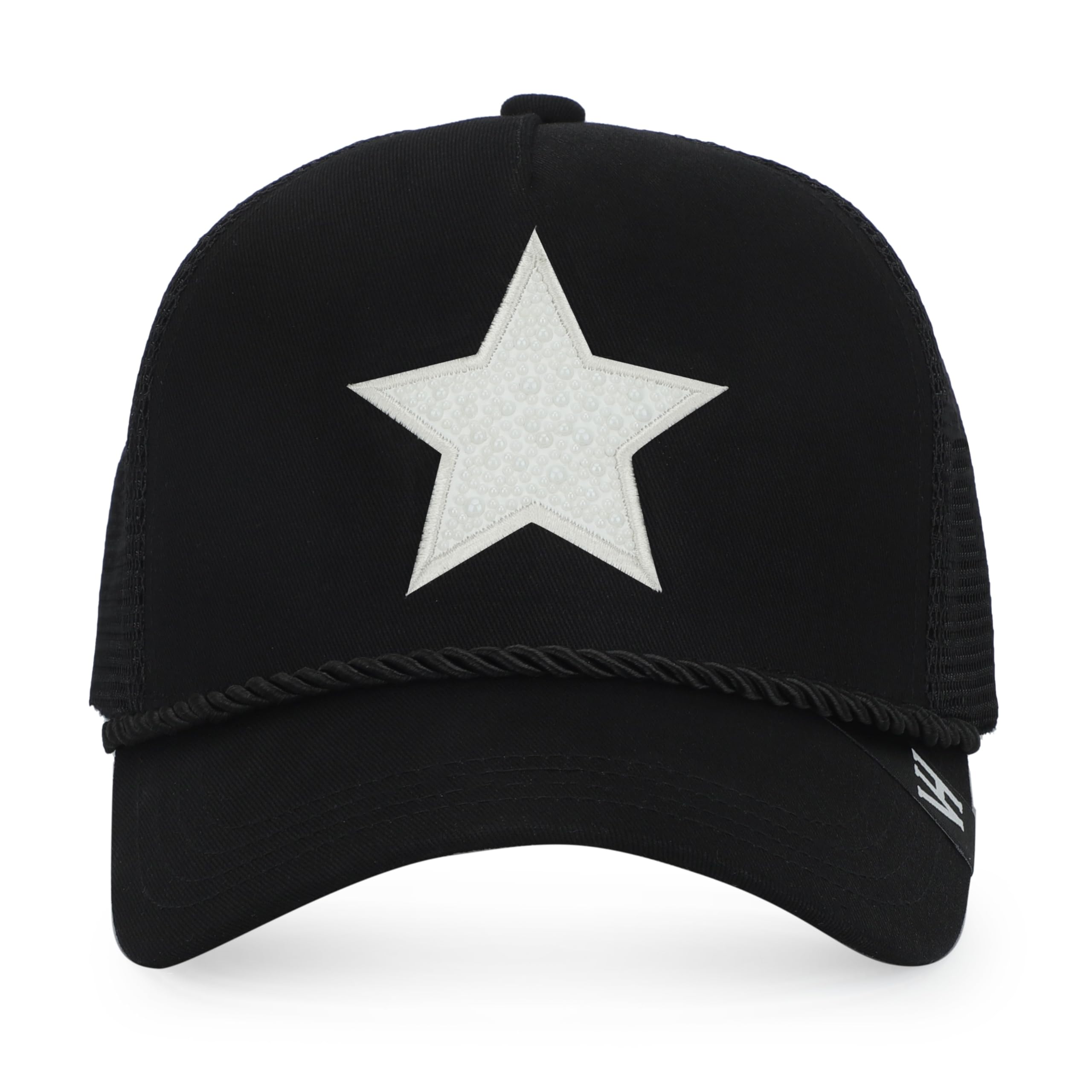 VINTAGE HAVANA Black Trucker Hats Women White Pearl Embellished Star & Rope | Mesh Adjustable Snapback Hat | Men Women Baseball Cap