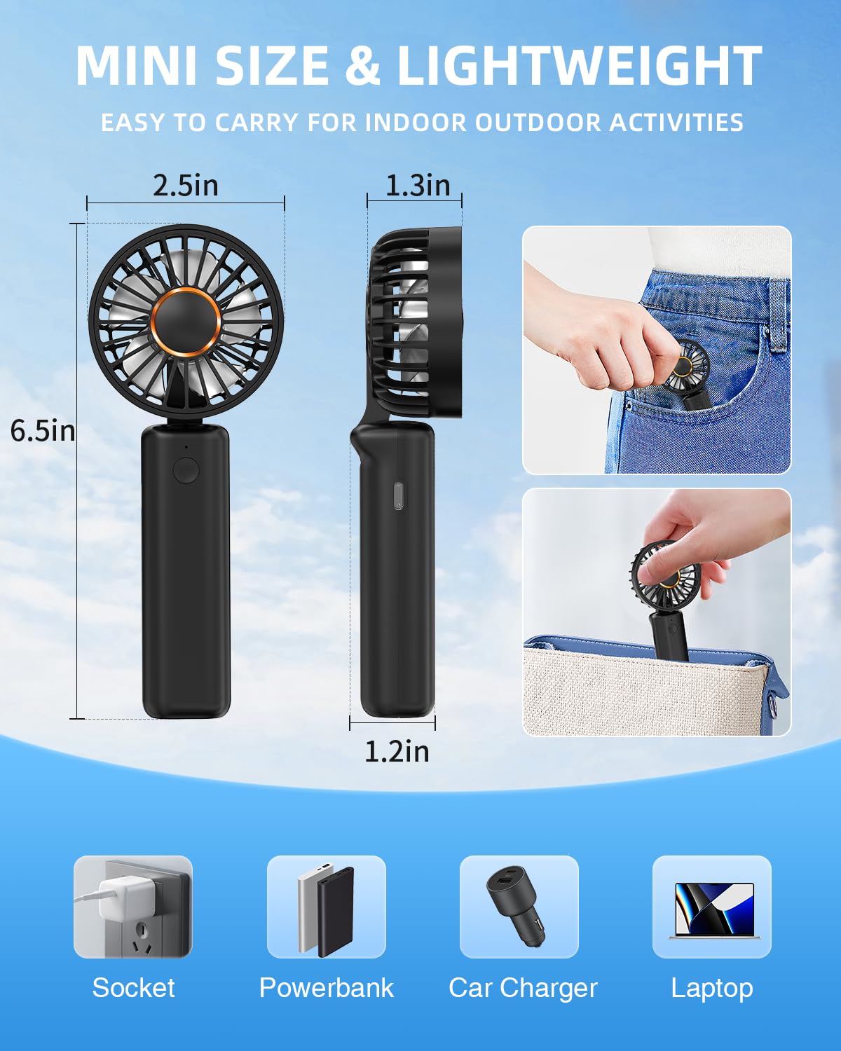 Hssio Portable Handheld Fan, Mini Desk Fan Foldable 2000mAh, 180° Ratotion, 3 Speeds, Ultra Quite, Up to 8H Long Use Time, Small Personal Cooling Fans Makeup Eyelash Fan, Black+Light Blue