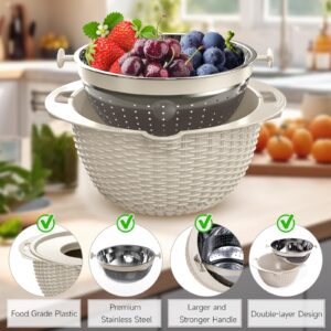 4-1 Colander with Bowl Set - Colander Bowl with Measuring Spoons - Fruit Strainer Bowl, Colanders & Food Strainers Stainless Steel, Rotatable Kitchen Colander Strainer Bowl - Beige