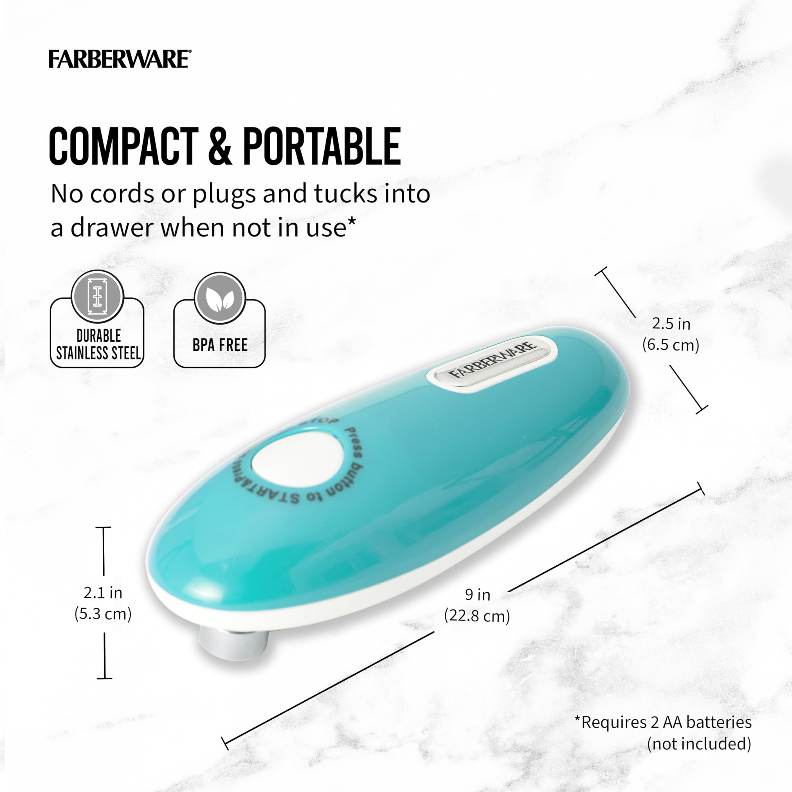 Farberware Compact Battery Operated Hands-Free Automatic Can Opener for any Size Can with Magnet to Safely Remove Lid, Seamless Opening Decreases Sharp Edges for Easily and Safely Opening Cans, Aqua