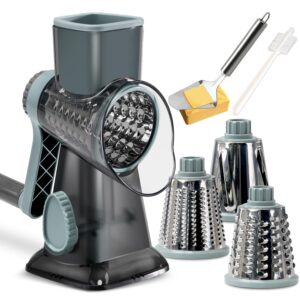 keouke rotary cheese grater with handle vegetable cheese shredder slicer grater for kitchen 3 changeable blades for cheese potato zucchini nuts chocolate - greyblue