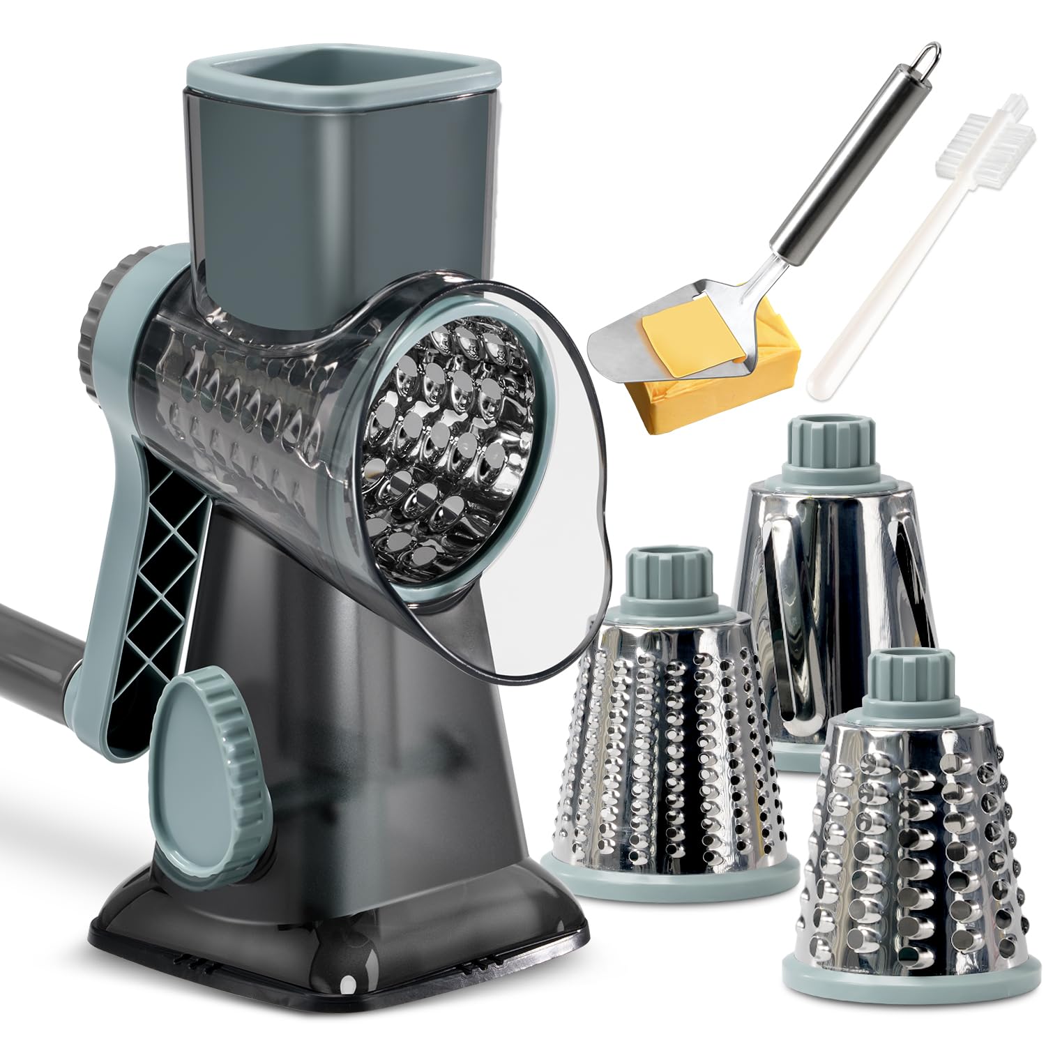 KEOUKE Rotary Cheese Grater with Handle Vegetable Cheese Shredder Slicer Grater for Kitchen 3 Changeable Blades for Cheese Potato Zucchini Nuts Chocolate - GreyBlue