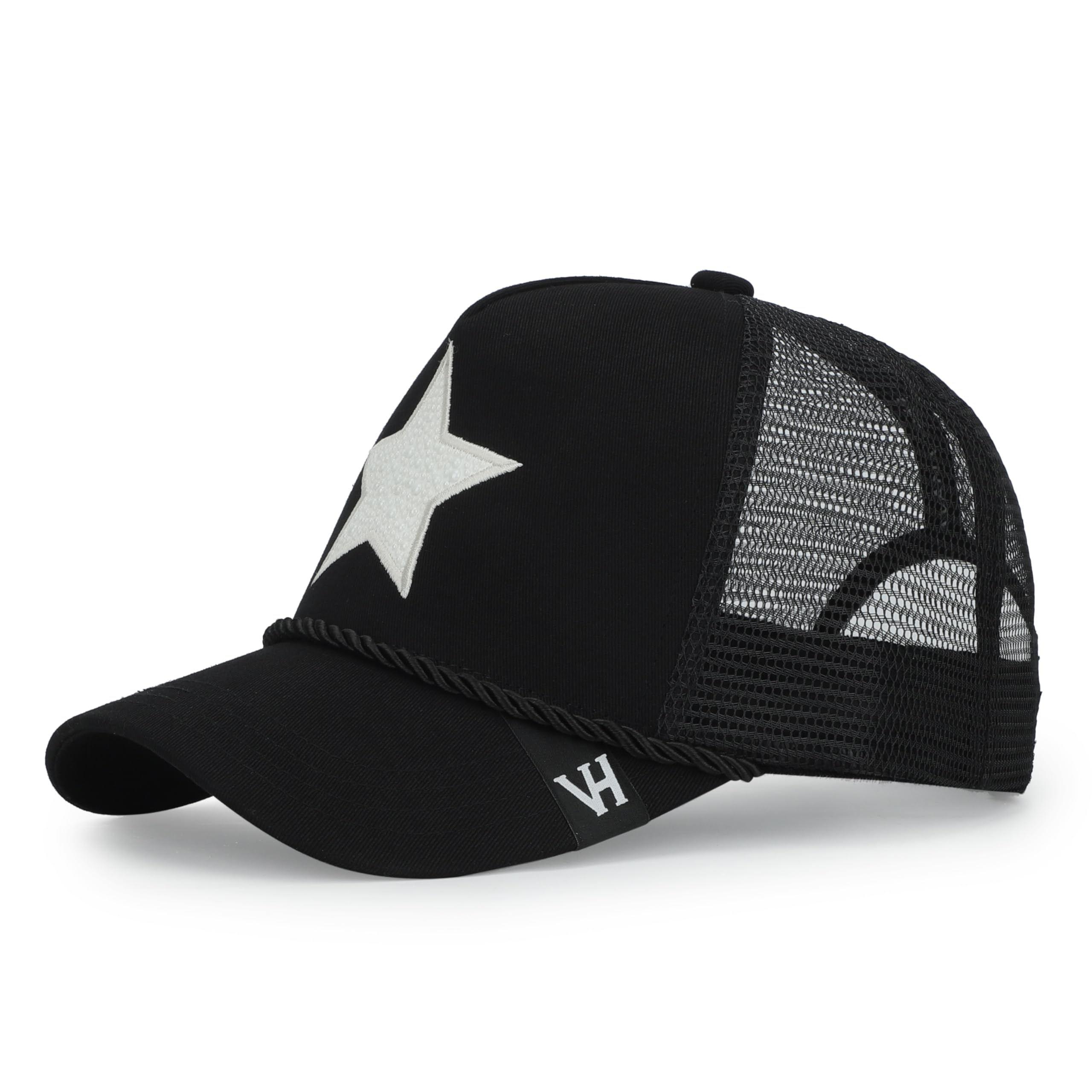 VINTAGE HAVANA Black Trucker Hats Women White Pearl Embellished Star & Rope | Mesh Adjustable Snapback Hat | Men Women Baseball Cap