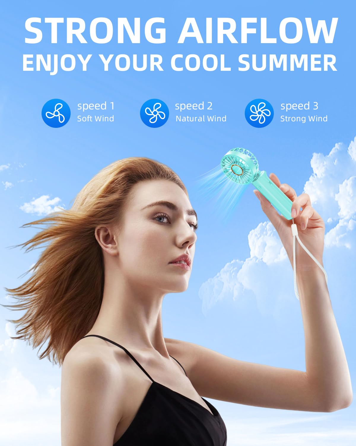 Hssio Portable Handheld Fan, Mini Desk Fan Foldable 2000mAh, 180° Ratotion, 3 Speeds, Ultra Quite, Up to 8H Long Use Time, Small Personal Cooling Fans Makeup Eyelash Fan, Black+Light Blue