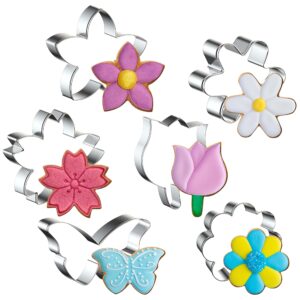 fusoto 6pcs flower cookie cutter set, 3 inches flower shaped cookie cutter-daisy, tulip, 3 shaped of flowers, butterfly, stainless steel cookie cutters, baking tool for homemaking cookie